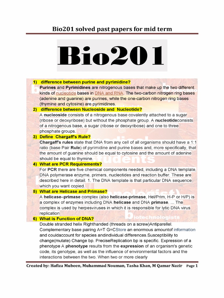 Bio201 Solved Past Papers For Mid Term | PDF