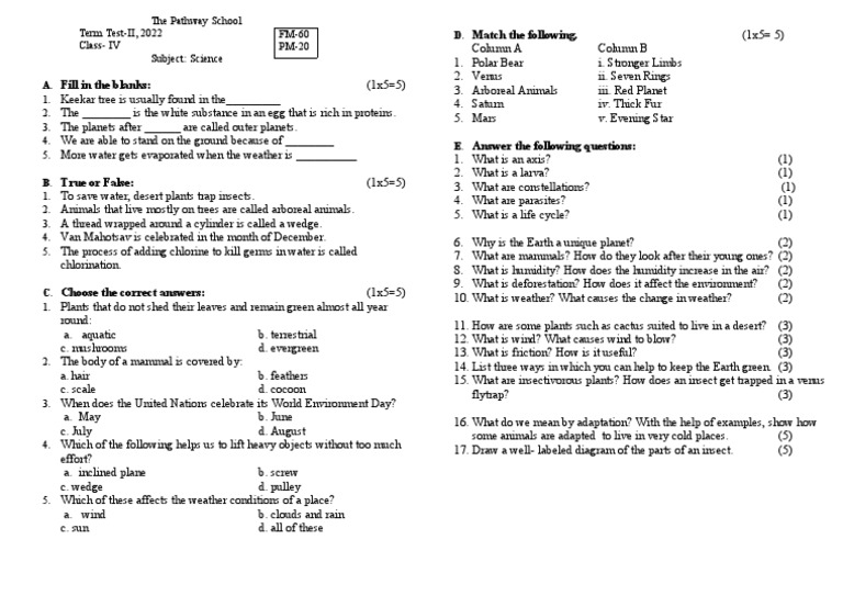 Class 4 Science Final Exam | PDF | Water | Planets