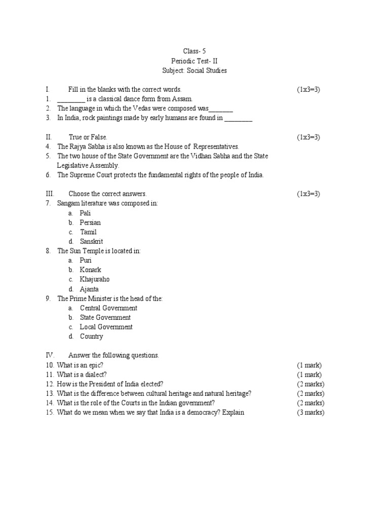 Class 5 Social Studies Test II Questions | PDF