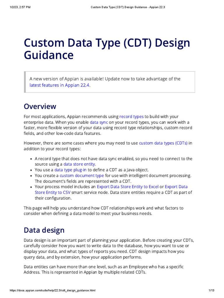 Custom Data Type (CDT) Design Guidance - Appian 22.3 | PDF | Databases ... Custom Data Type (CDT) Design Guidance - Appian 22.3 | PDF | Databases ...