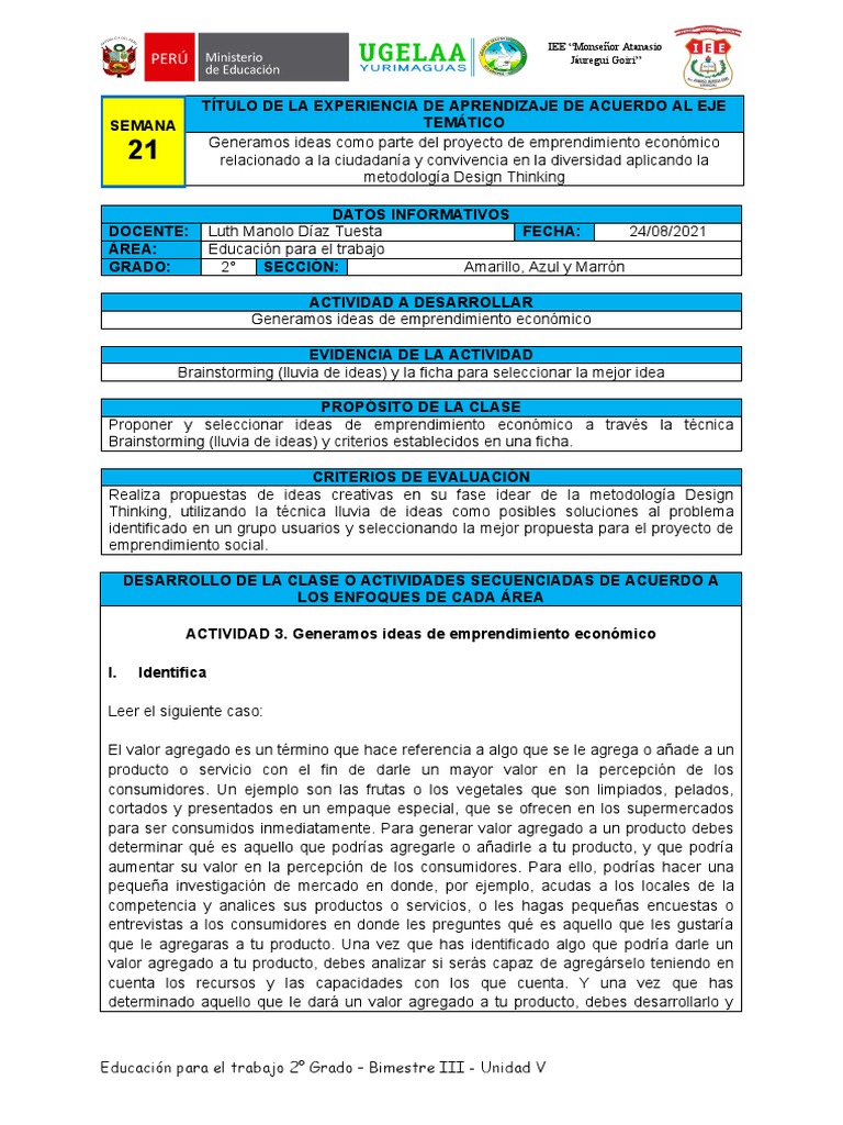 EPT 2° - Experiencia de Aprendizaje 5-Actividad 3 | PDF | Iniciativa empresarial | Lluvia de ideas
