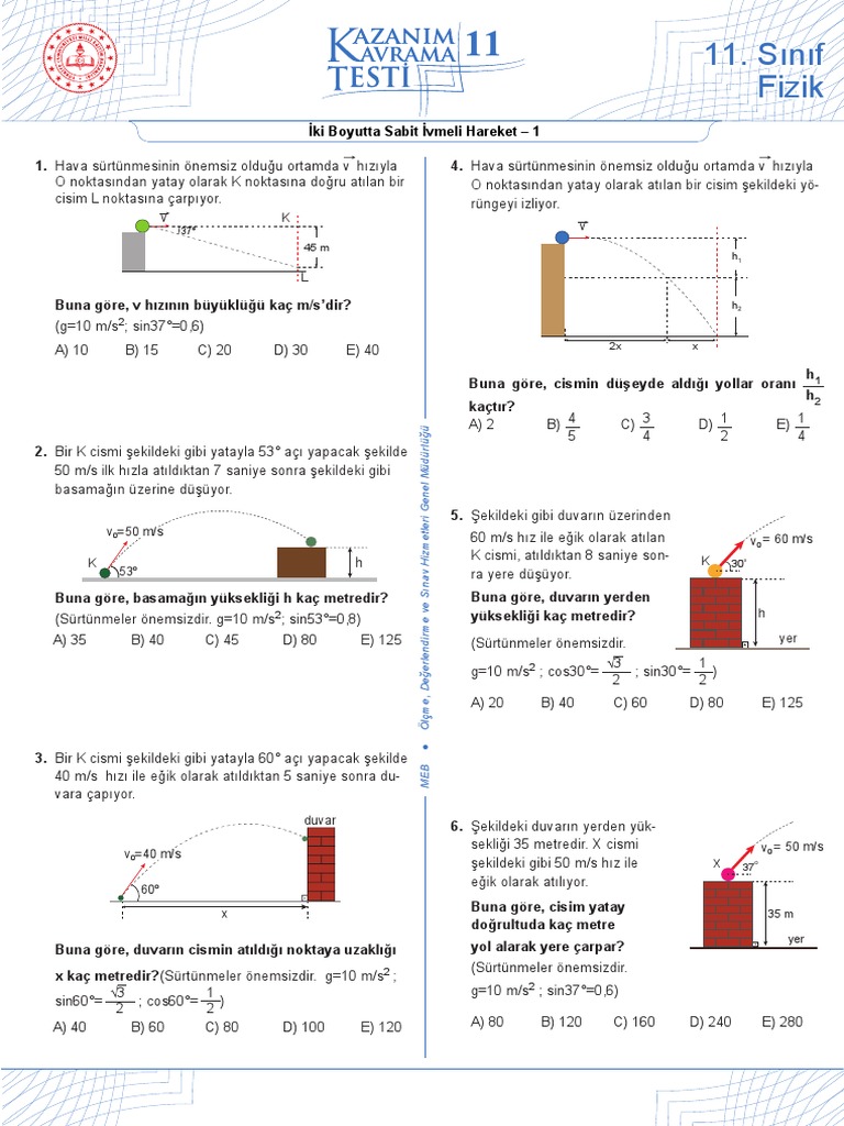Sınıf Fizik Fizik: İki Boyutta Sabit İvmeli Hareket - 1 | PDF