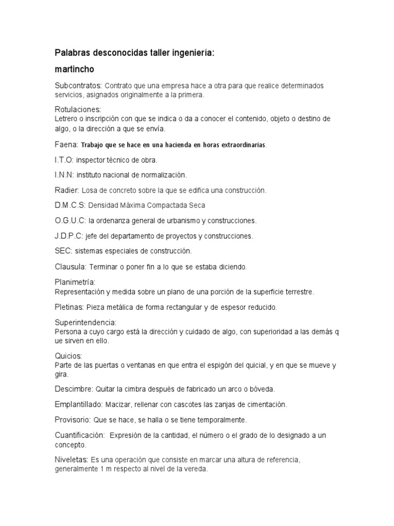 Palabras Desconocidas Taller Ingeniería | PDF