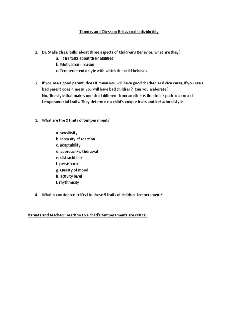 Thomas and Chess On Behavioral Individuality | PDF | Career & Growth ...