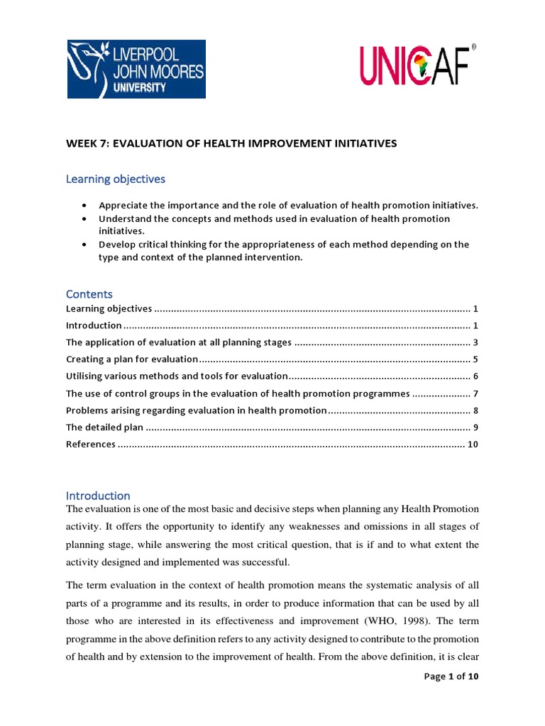 Week 7 Evaluation of Health Improvement Initiatives | PDF | Evaluation ...
