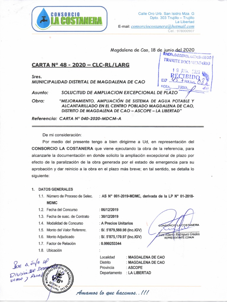 Carta 048 Solicitud De Ampliación De Plazo Pdf