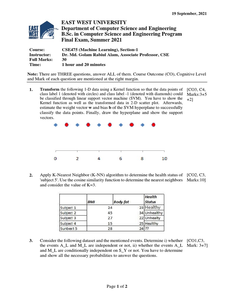 CSE475 Machine Learning Final Exam 2021 | PDF
