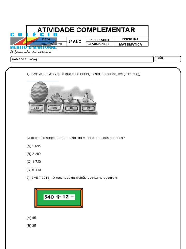 Atividade complementar de Matemática do 6o ano com 15 questões objetivas | PDF | Matemática