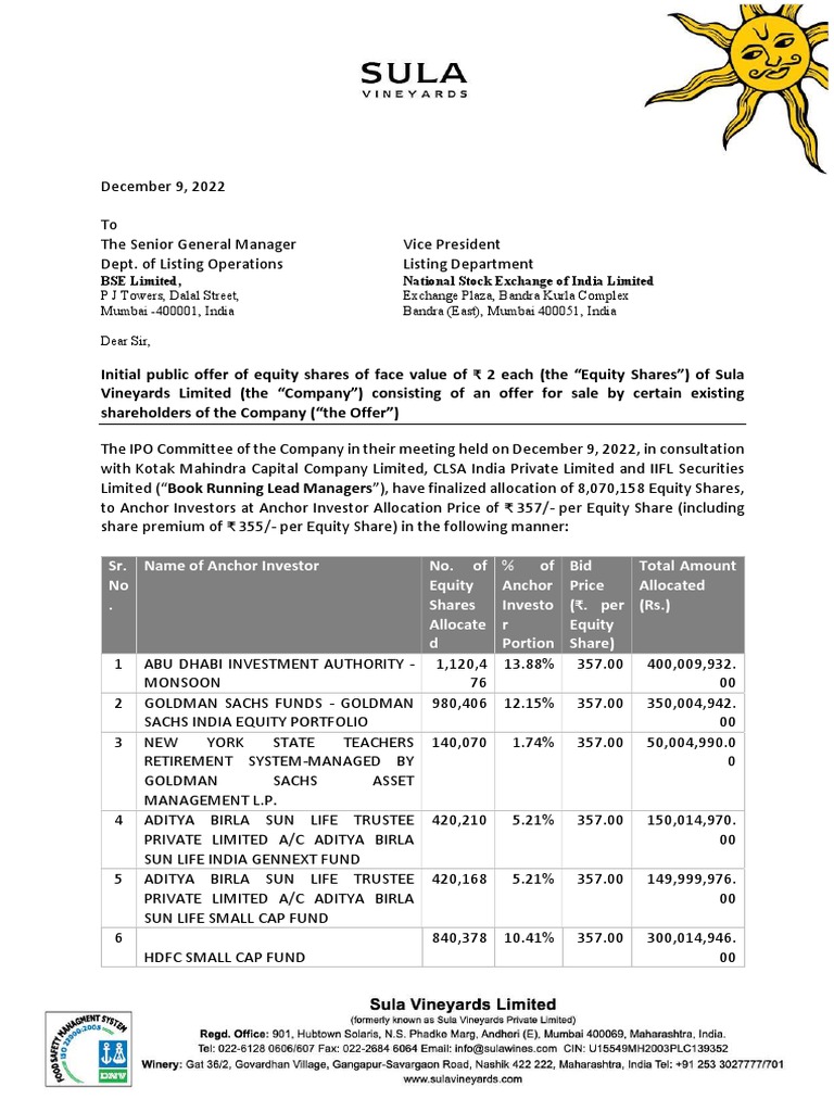 Anchor Intimation Letter - Sula Vineyards Limited | PDF | Stocks ...