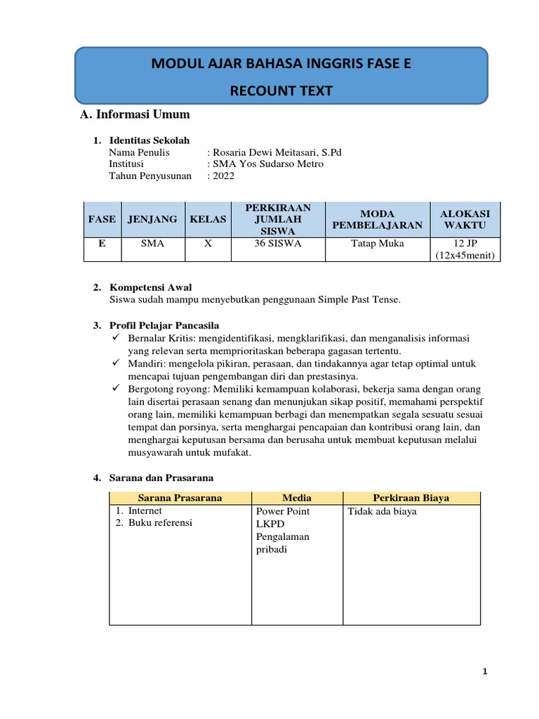 Modul Ajar Bahasa Inggris Fase e Recount Text | PDF