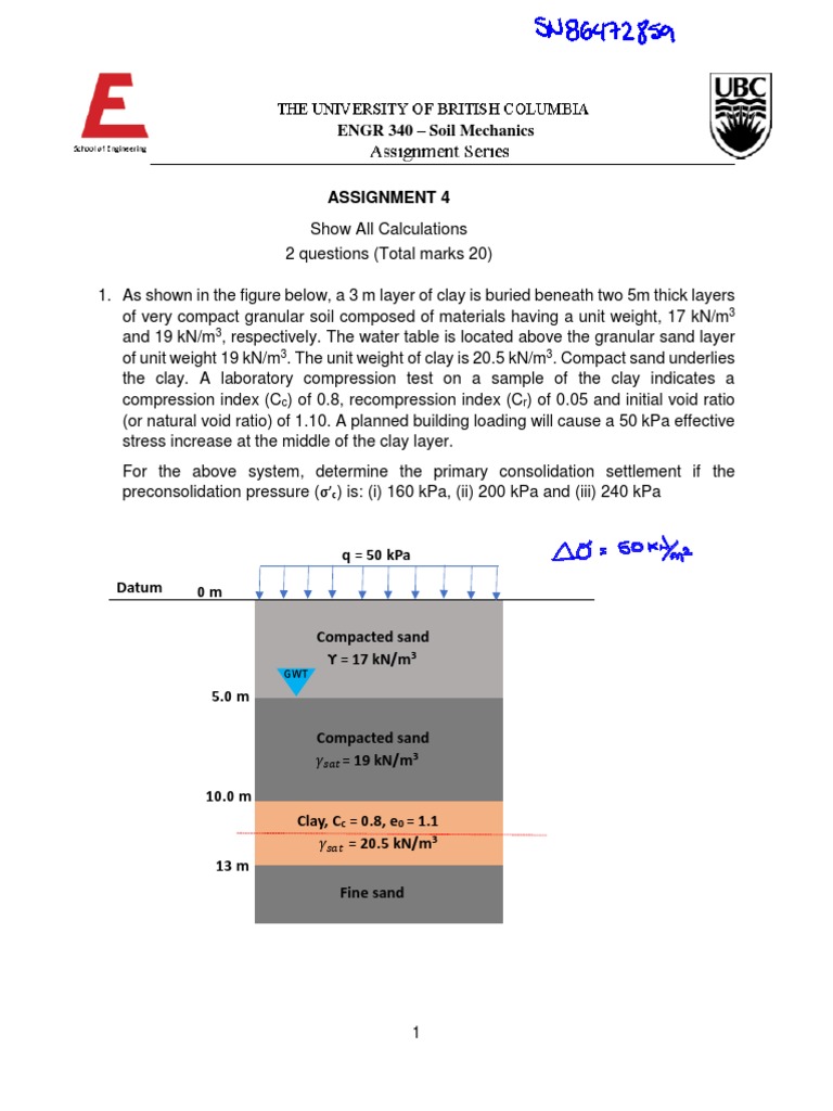 ENGR 340 Soil Mechanics Assignment 4 Settlement Calculations | PDF | Geotechnical Engineering ...