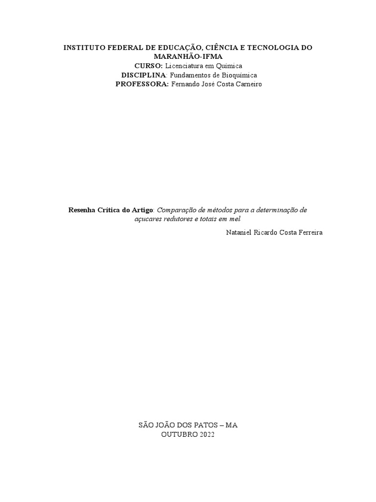 Resnha Critica - Nataniel Ricardo Costa Ferreira | PDF | Mel | Sacarose