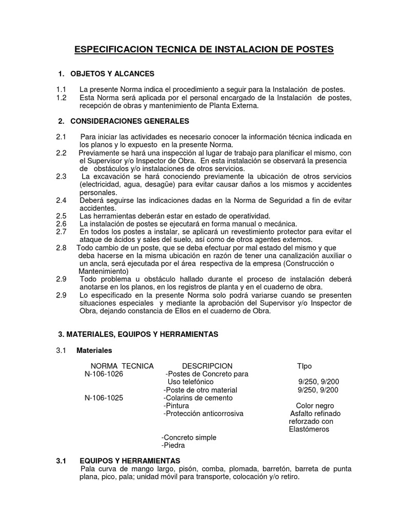 11.especificacion Tecnica Instalacion de Poste | PDF