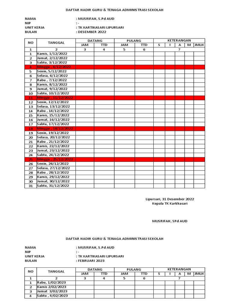 Daftar Hadir Ada Jam Datang Pulang | PDF Daftar Hadir Ada Jam Datang Pulang | PDF