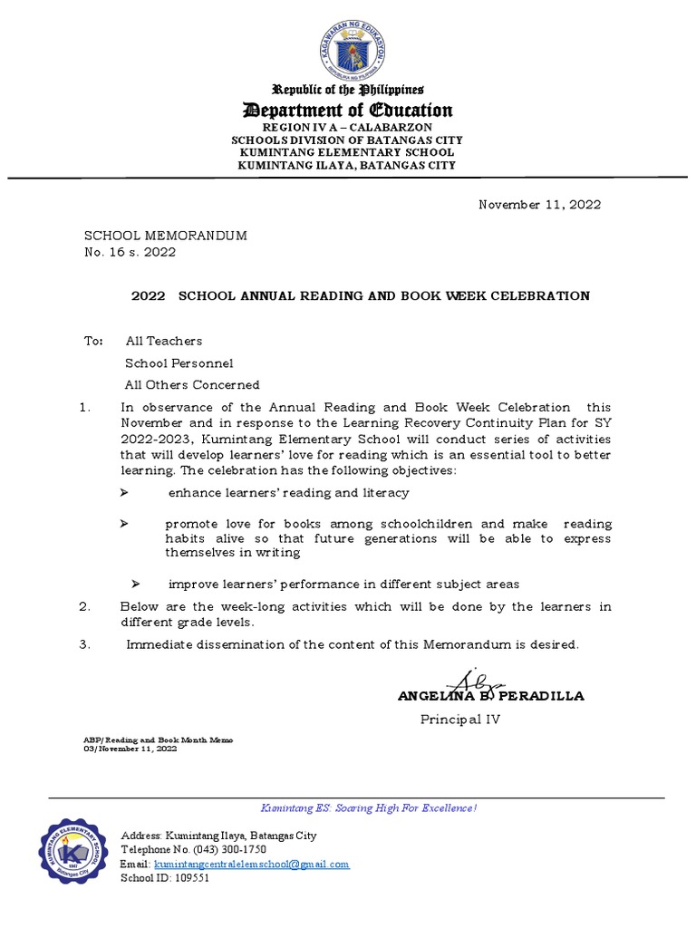 School Memo On Book Month | PDF