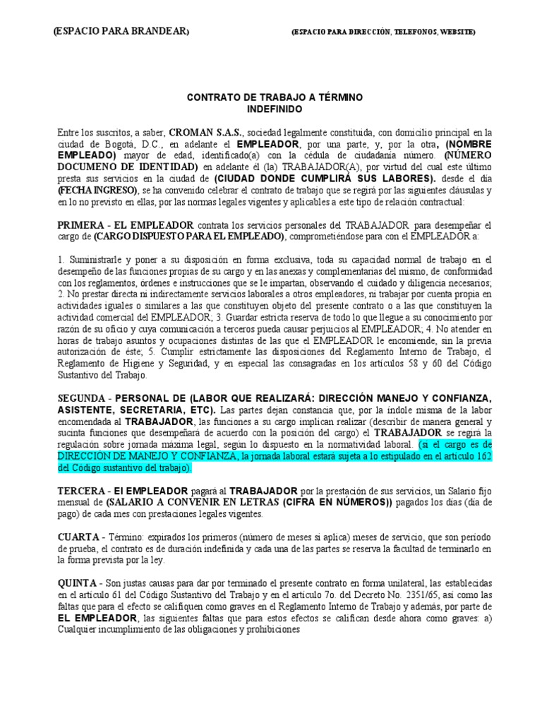 Contrato de Trabajo Indefinido | PDF | Derecho laboral | Business