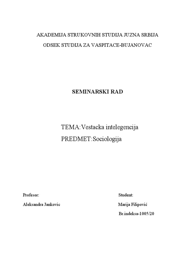 Veštačka Inteligencija Seminarski Rad | PDF