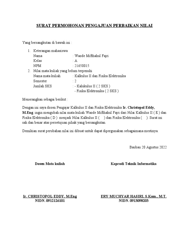 Surat Permohonan Pengajuan Perbaikan Nilai | PDF