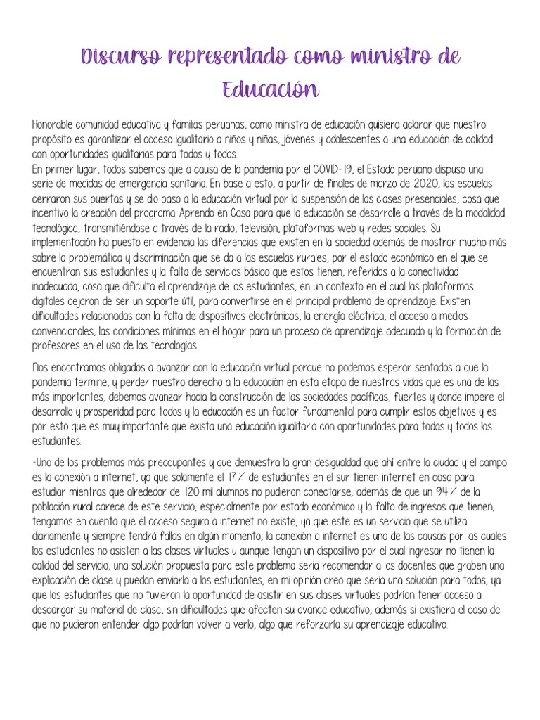 Discurso Representado Como Ministro De Educación Pdf Internet Perú