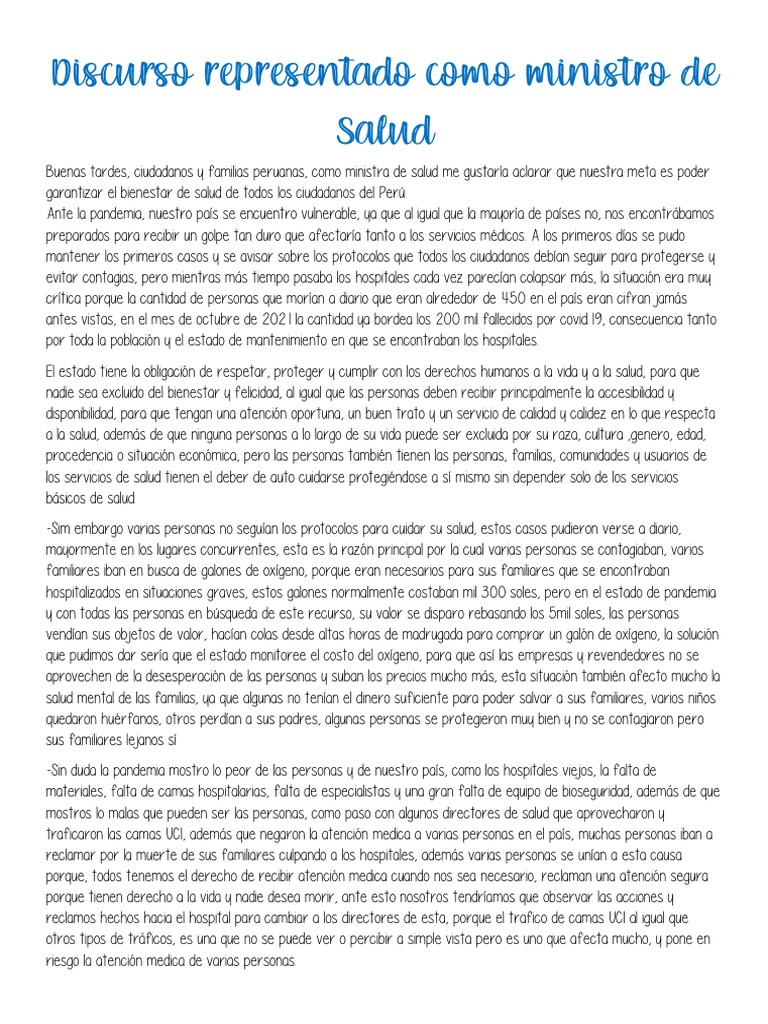 Discurso Representado Como Ministro De Salud Pdf Hospital Perú