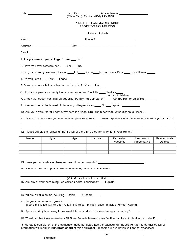 Animal Adoption Evaluation Form | PDF