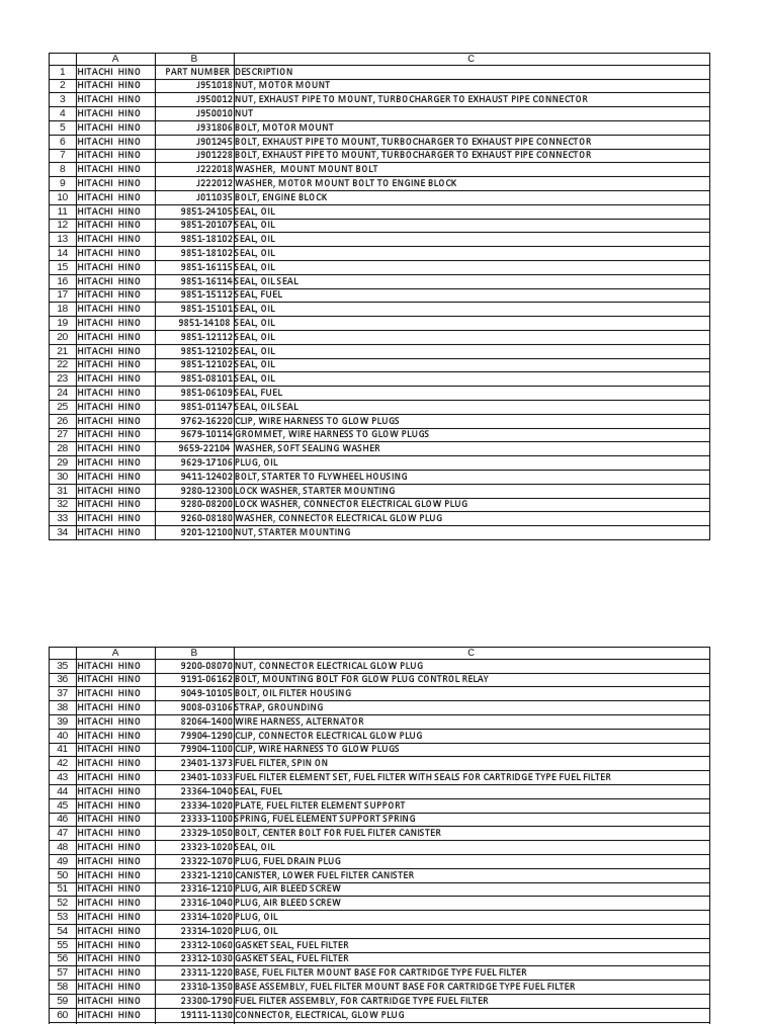 Part Numbers Hitachi and Hino | PDF | Internal Combustion Engine | Piston