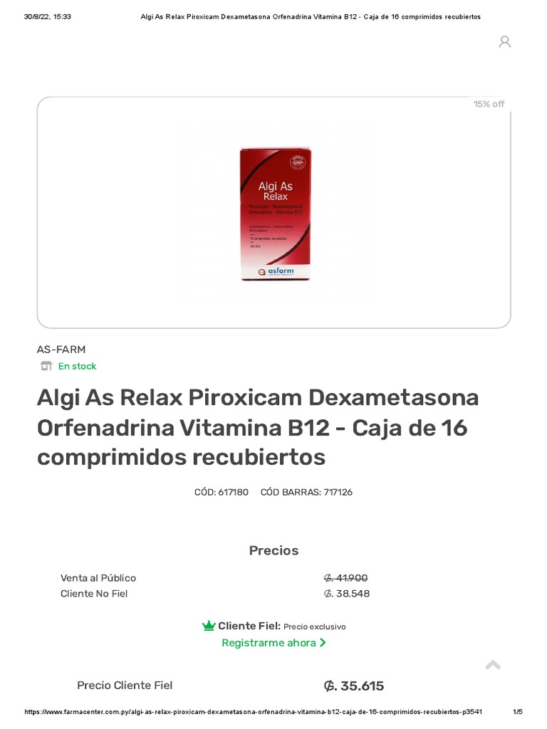 Algi As Relax Piroxicam Dexametasona Orfenadrina Vitamina B12 - Caja de 16 Comprimidos ...