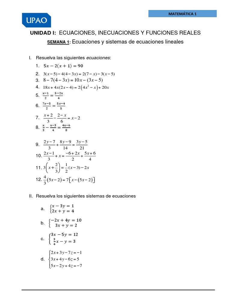 Práctica 01 - Ecuaciones Lineales y Sistemas de Ecuaciones Lineales | PDF | Matemáticas