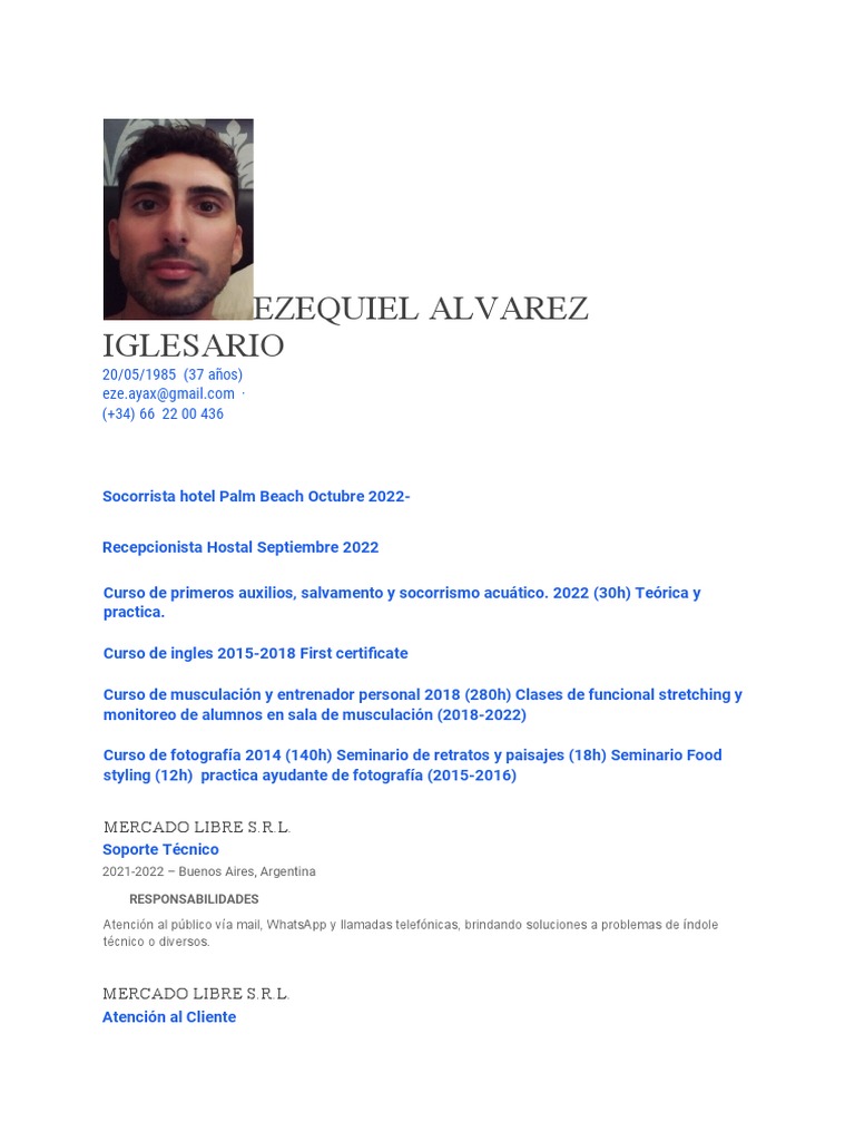 Ezequiel Alvarez CV Socorrista Recepcionista | PDF