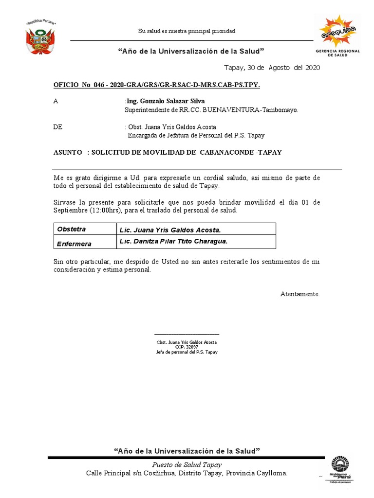 Solicitud de transporte para personal médico entre Cabanaconde y Tapay ... Solicitud de transporte para personal médico entre Cabanaconde y Tapay ...
