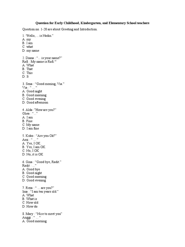 Early Childhood Greeting Quiz | PDF