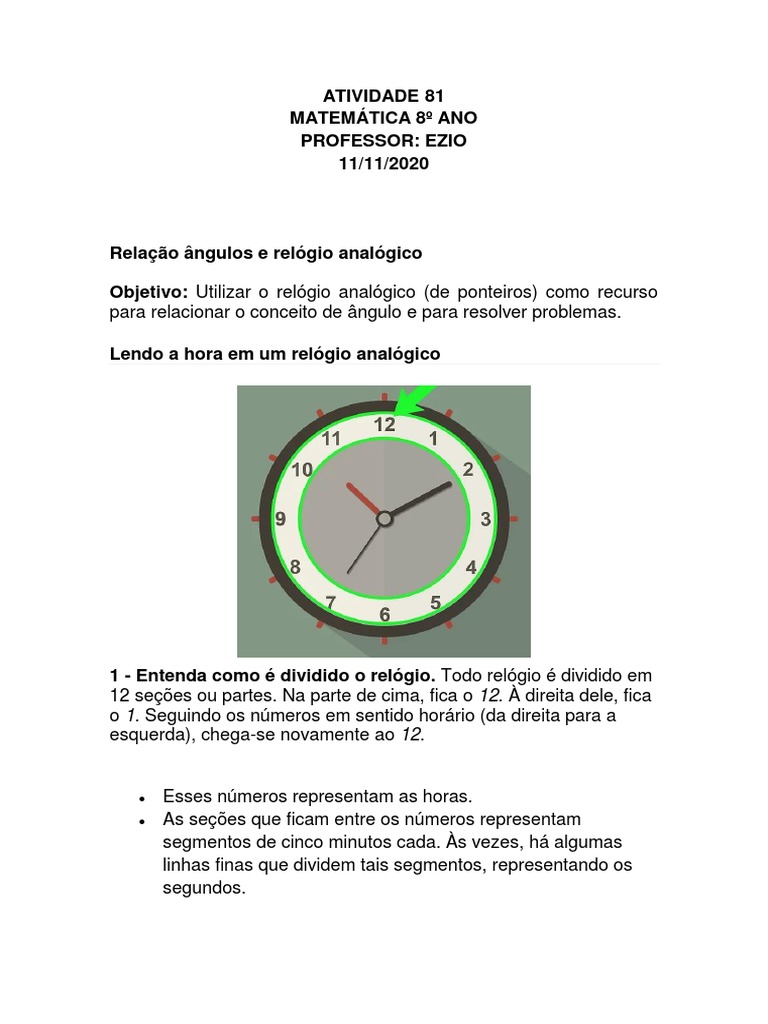 MATEMÁTICA 8 ANO - Relação Dos Ângulos e Relógio Analógico | PDF ...