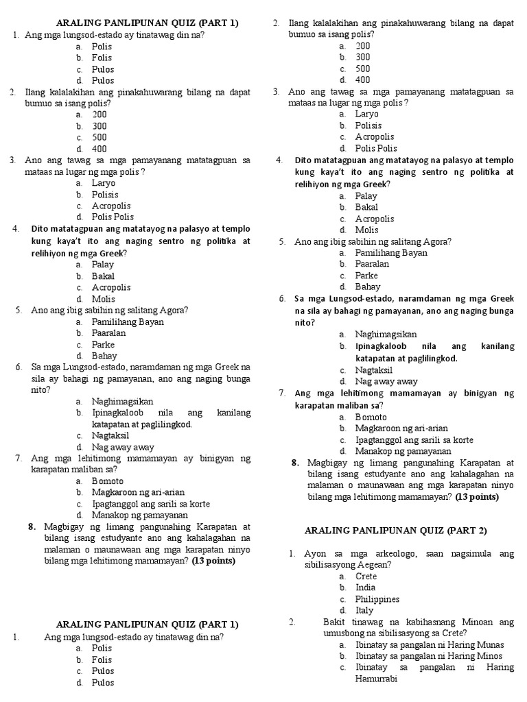 Araling Panlipunan Quiz Part 1 and 2 | PDF