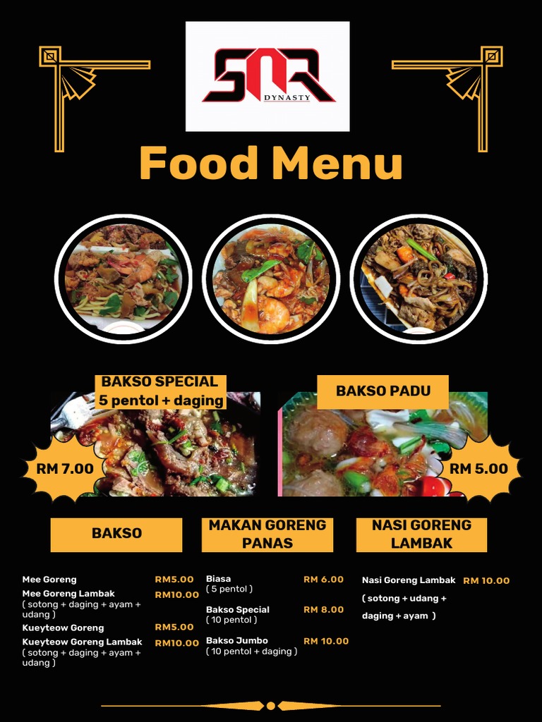 Black & Gold Creative Food Menu Potrait | PDF
