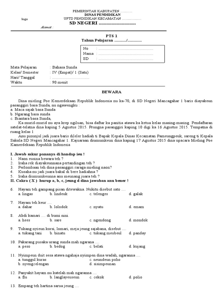 Soal Uts 1 B. Sunda KLS 4 | PDF