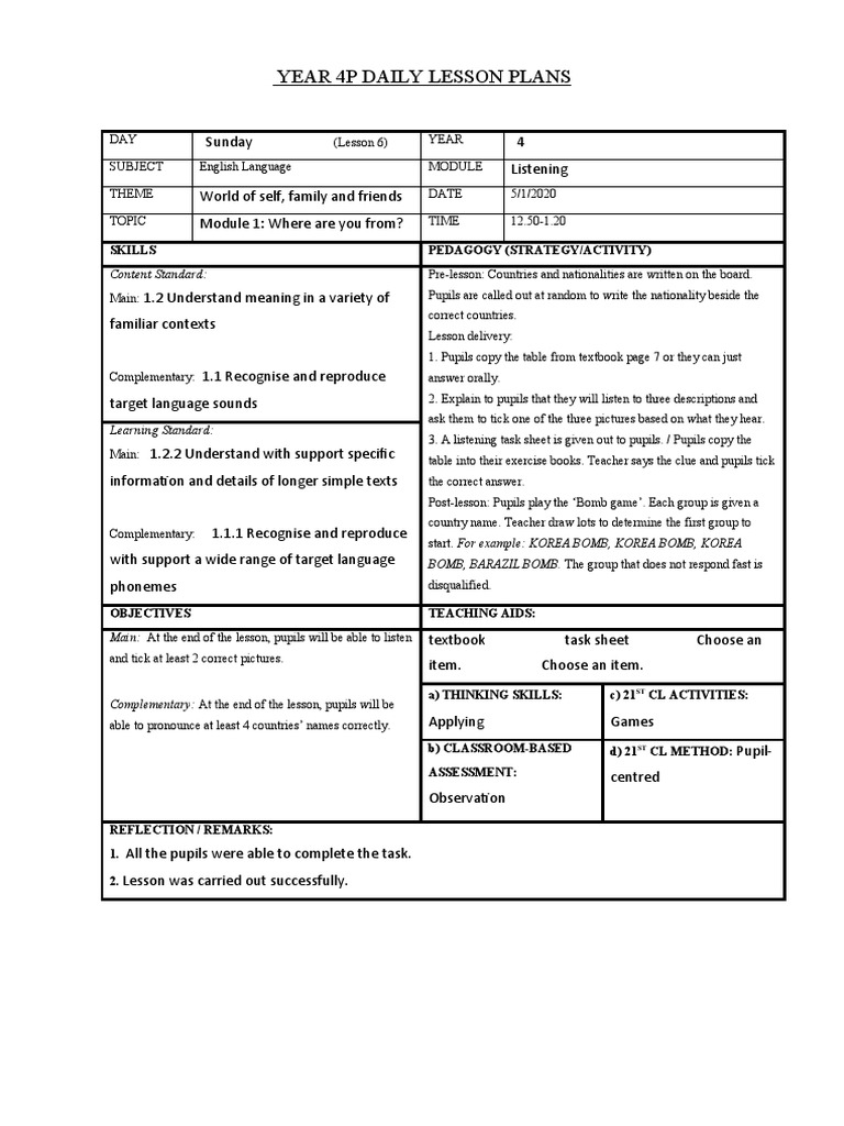 Year 4P Daily Lesson Plans: Skills Pedagogy (Strategy/Activity ...