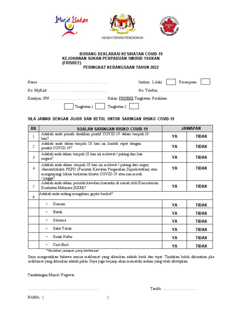 Borang Deklarasi Kesihatan Covid-19 Sukan Perpaduan | PDF