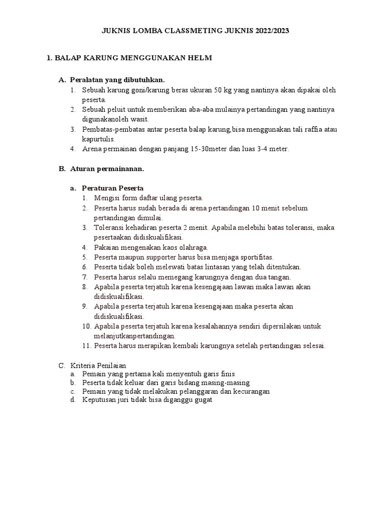 Juknis Lomba Classmeting Juknis 2022 | PDF