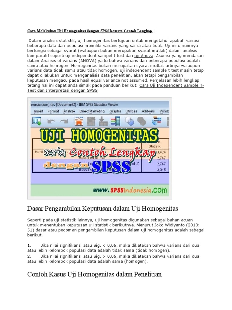 9 - Cara Melakukan Uji Homogenitas Dengan SPSS Beserta Contoh Lengkap | PDF