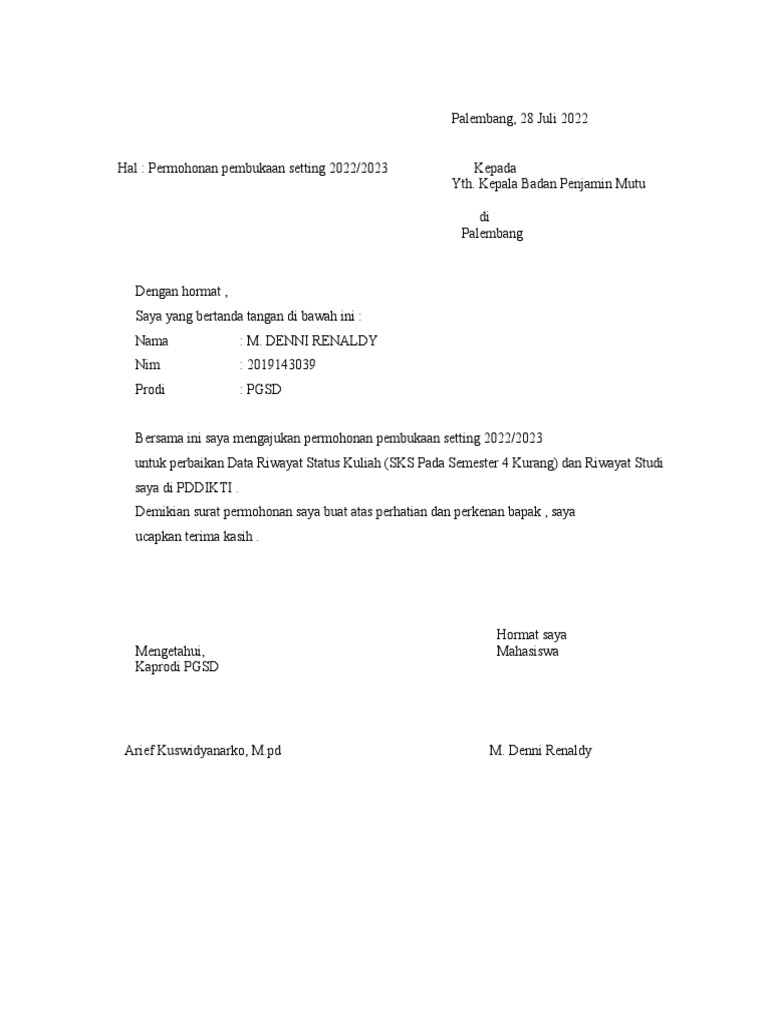 Surat Permohonan PDDIKTI 1 | PDF