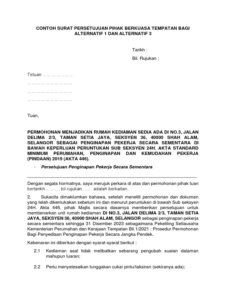 Contoh Surat Persetujuan Pihak Berkuasa Tempatan Bagi Alternatif 1 Dan ...