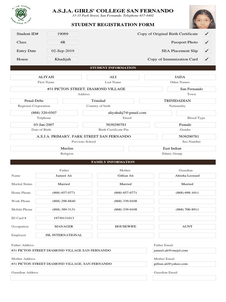 Aliyah Ali-Student Registration Form | Download Free PDF | Health Sciences