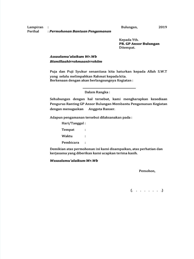 Surat Permohonan Bantuan Pengamanan Banser Kosongan | PDF