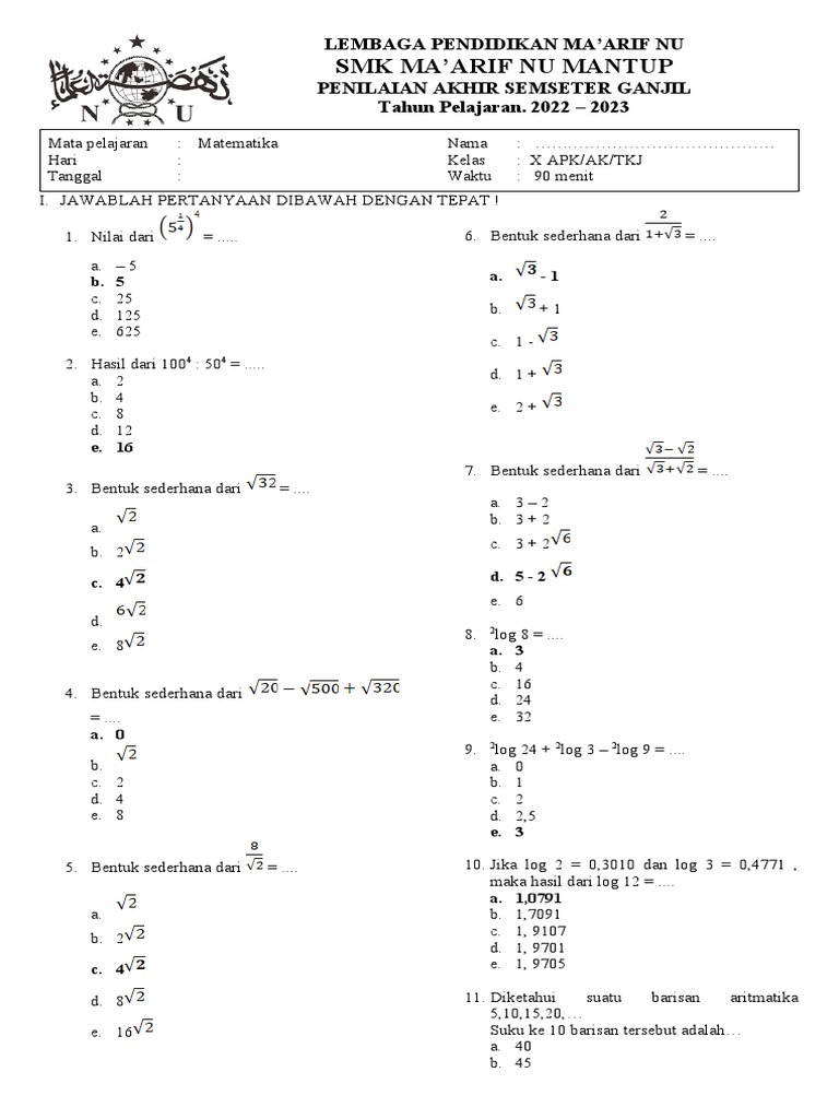 Kunci Soal Pas Ganjil Kelas X 2022-2023 | PDF