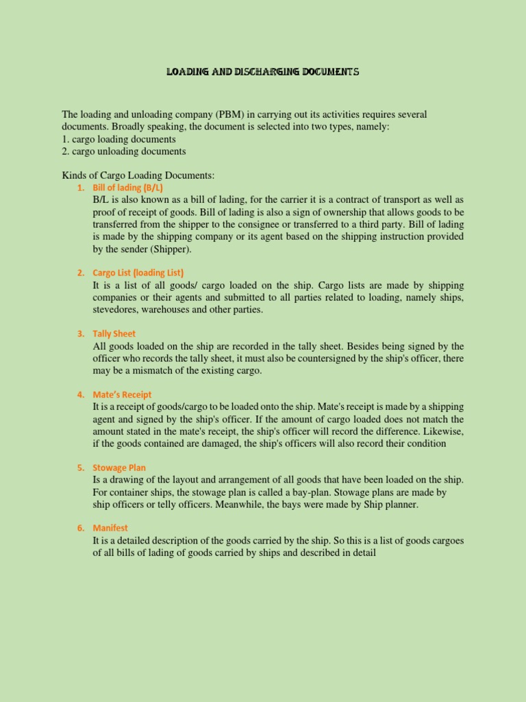 Cargo Handling Documentation | PDF | Bill Of Lading | Cargo