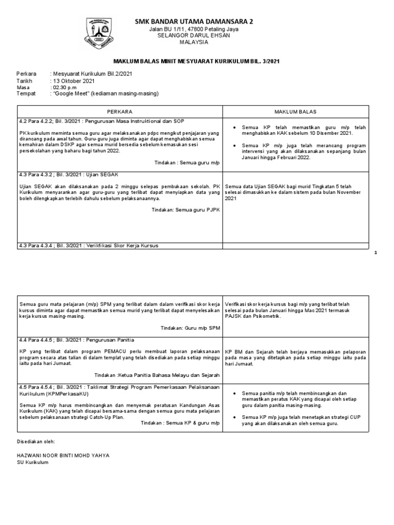 Maklum Balas Mesyuarat Bil.3 2021 | PDF