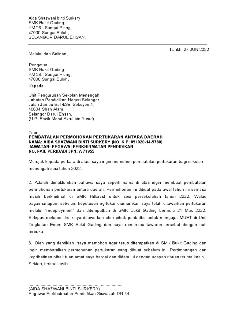 Surat Pembatalan Pertukaran 2022 | PDF