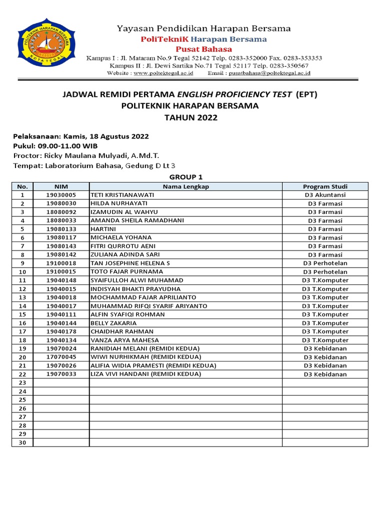 18 Agustus 2022 - Jadwal Remidi Pertama EPT | PDF