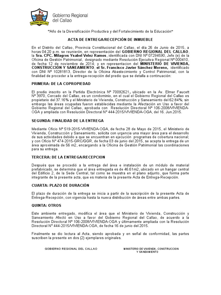 Acta Entrega Ministerio Vivienda de 46.61 m2 | PDF | Finanzas y administración del dinero ...