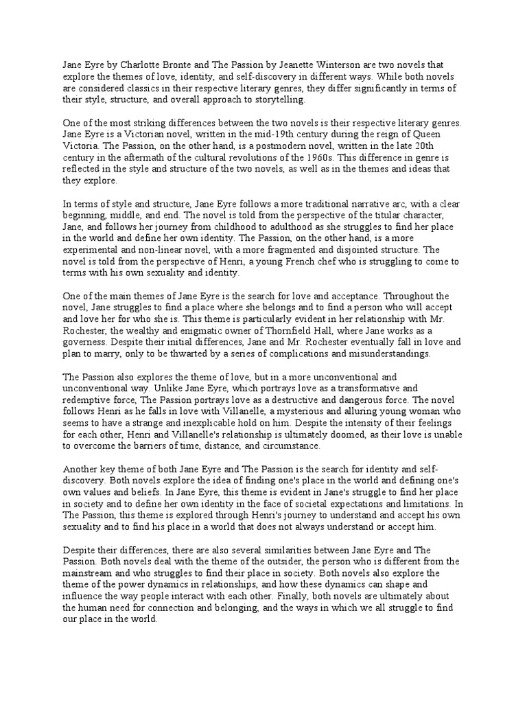 Comparing Jane Eyre and The Passion: Exploring Themes of Love, Identity ...